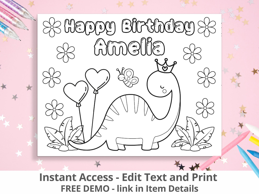Dinosaur Birthday Coloring Sheet for Girls Dinosaur Party Cute Coloring ...