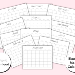 Monthly Blank Calendar, Printable Calendar Template, Horizontal ...