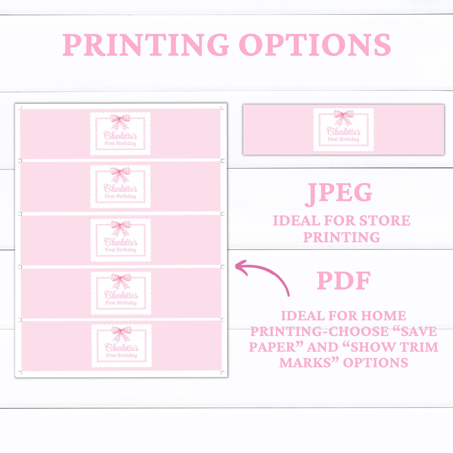Water Bottle Labels With Bows Pink Bow Water Label First Birthday Girl ...
