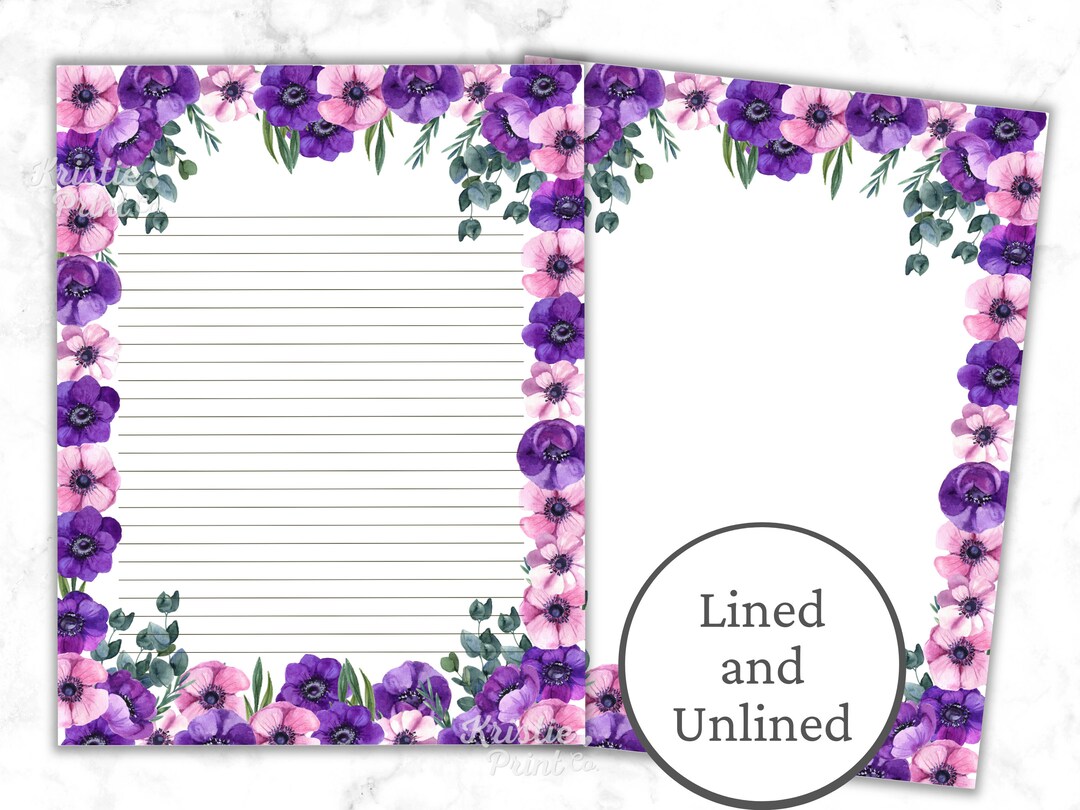 Purple Floral Stationary, Cute Letter Writing Paper, Border Stationery ...