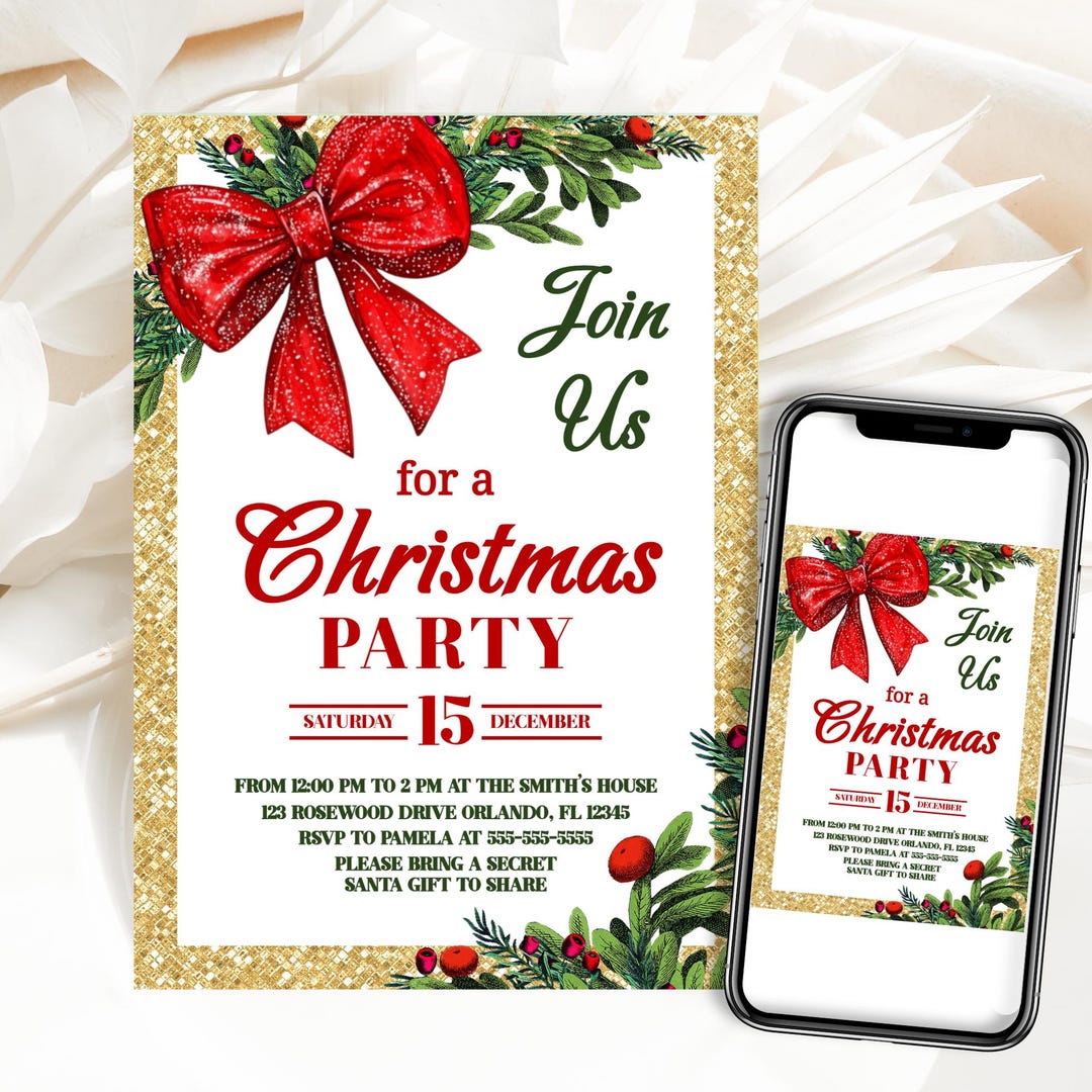 Christmas Bow Party Invite Editable Invitations Holiday Work Party ...