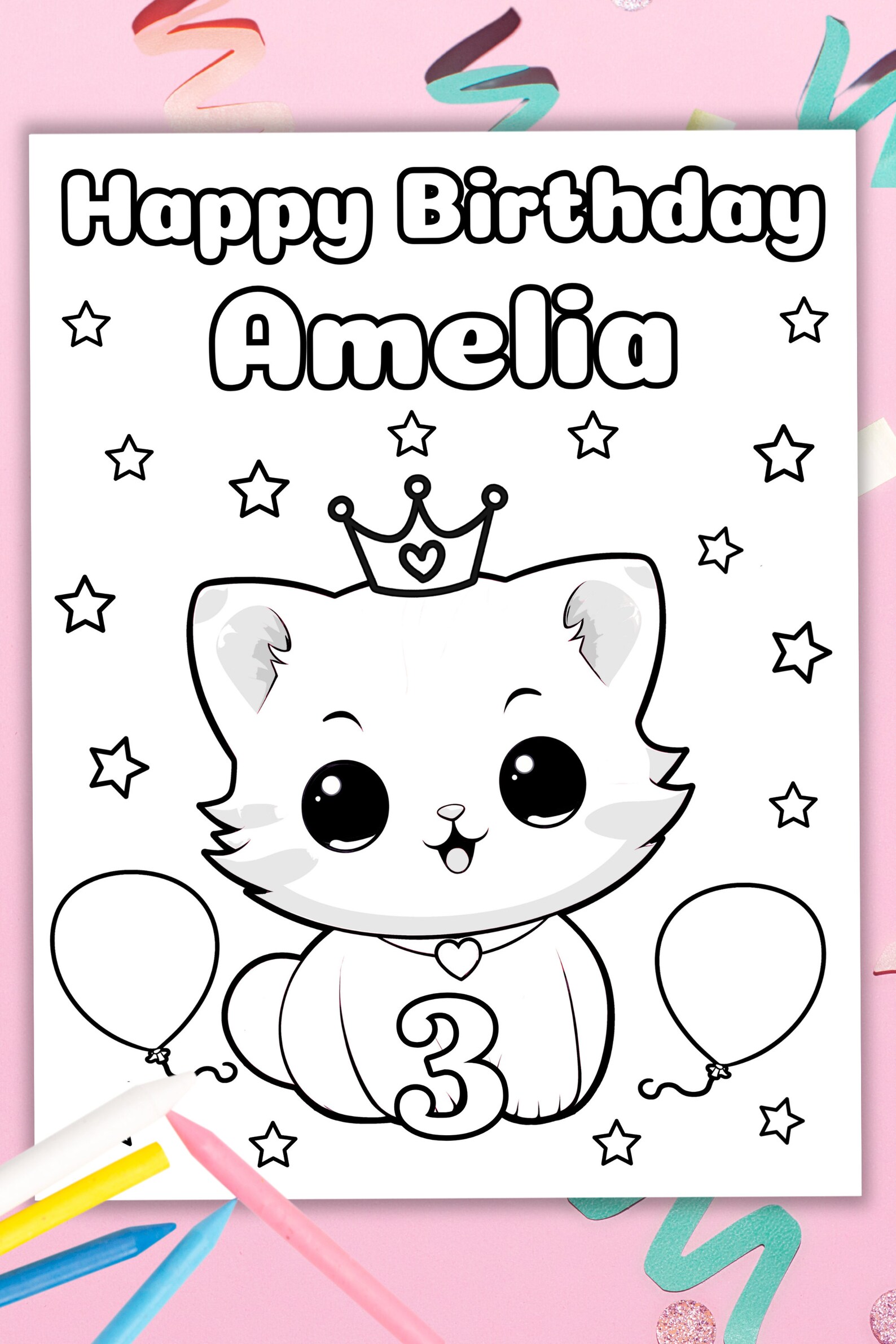 Editable Cat Birthday Coloring Page Printable Birthday Activity Custom ...