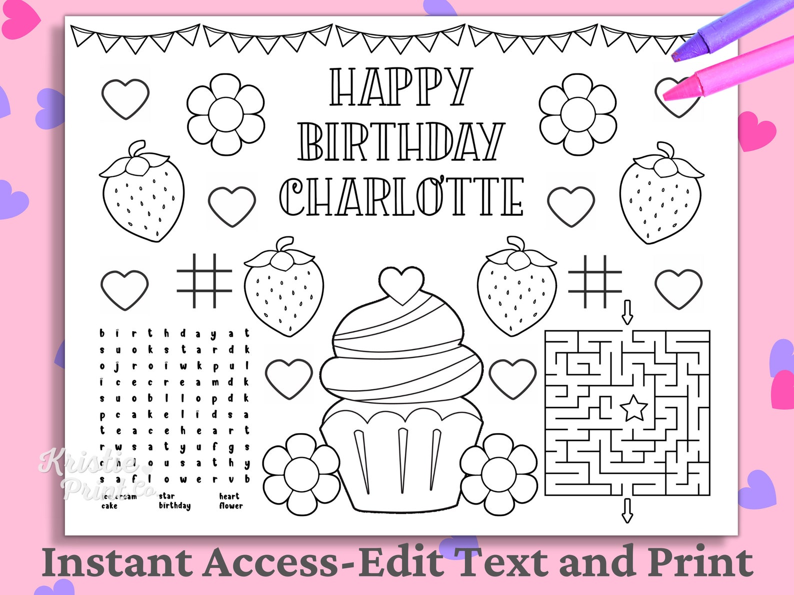 Happy Birthday Coloring Page Editable Strawberry Theme Birthday Cupcake ...
