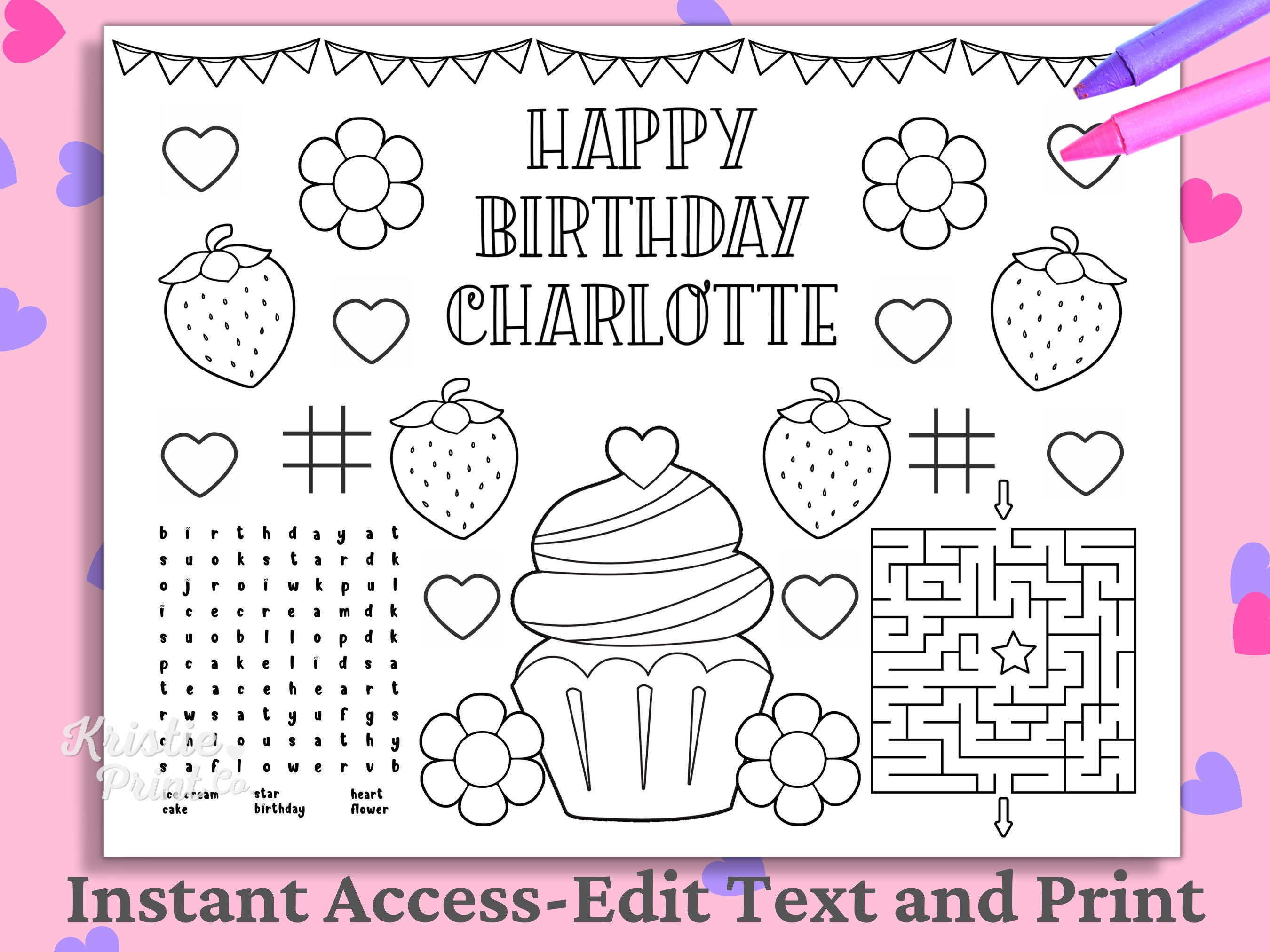 Happy Birthday Coloring Page Editable Strawberry Theme Birthday Cupcake ...