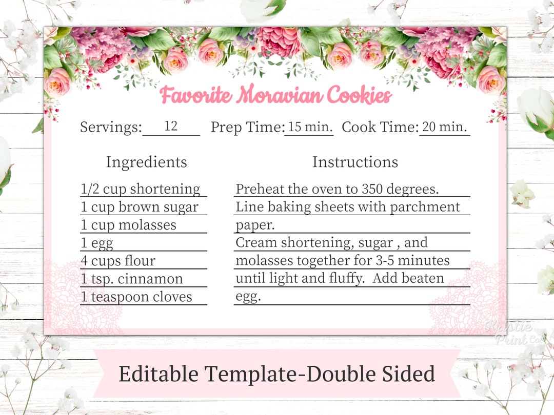 Floral Recipe Card Template, Recipe Card Custom, Recipe Template ...