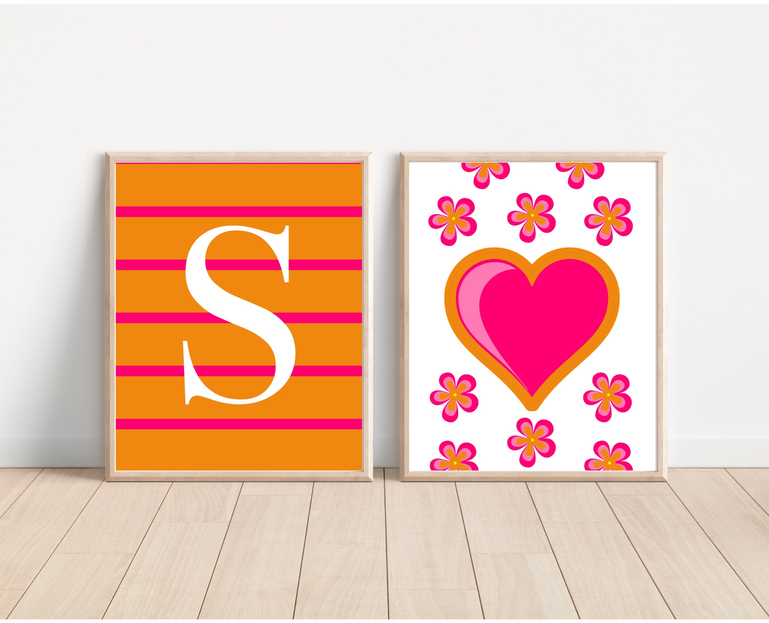 Preppy Heart Wall Art Trendy Poster Prints Pink and Orange - Etsy