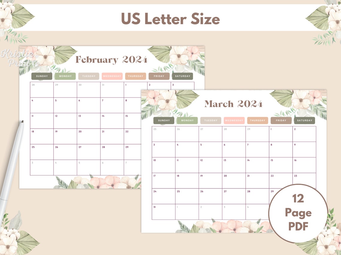 Boho Calendar 2024, Monthly Calendar Printable, Sunday Start Planner ...