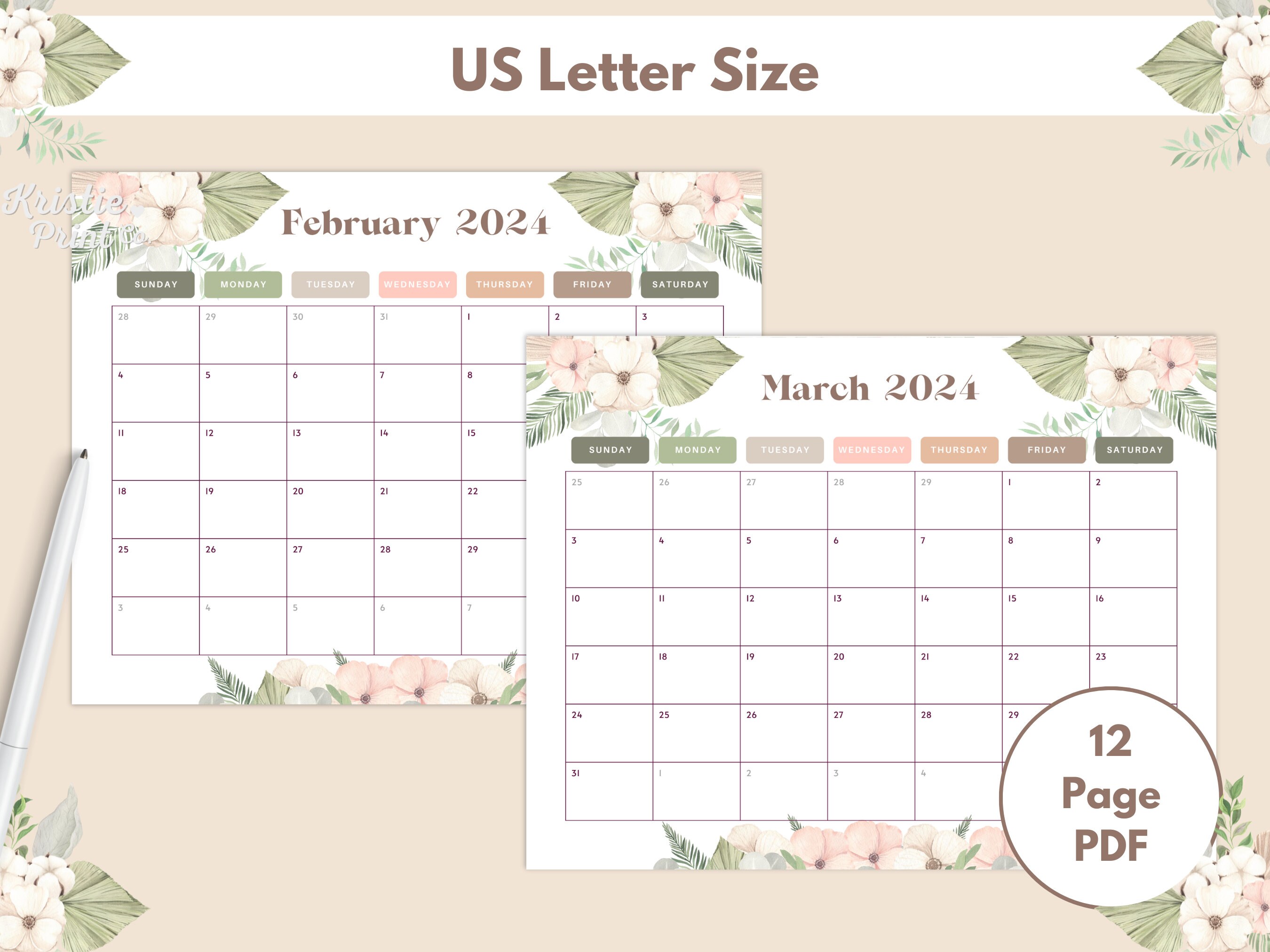 Boho Calendar 2024, Monthly Calendar Printable, Sunday Start Planner ...