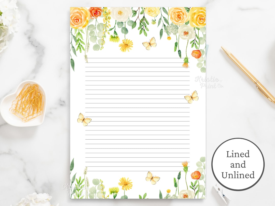 Yellow Floral Stationery, Floral Printable Stationery Paper, Floral ...