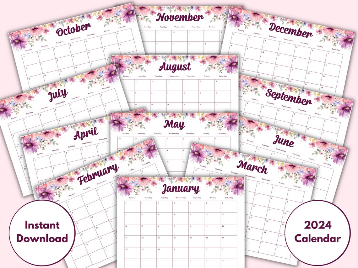 Floral Monthly Calendar 2024 Printable Flower Calendar 2024 Calendar ...