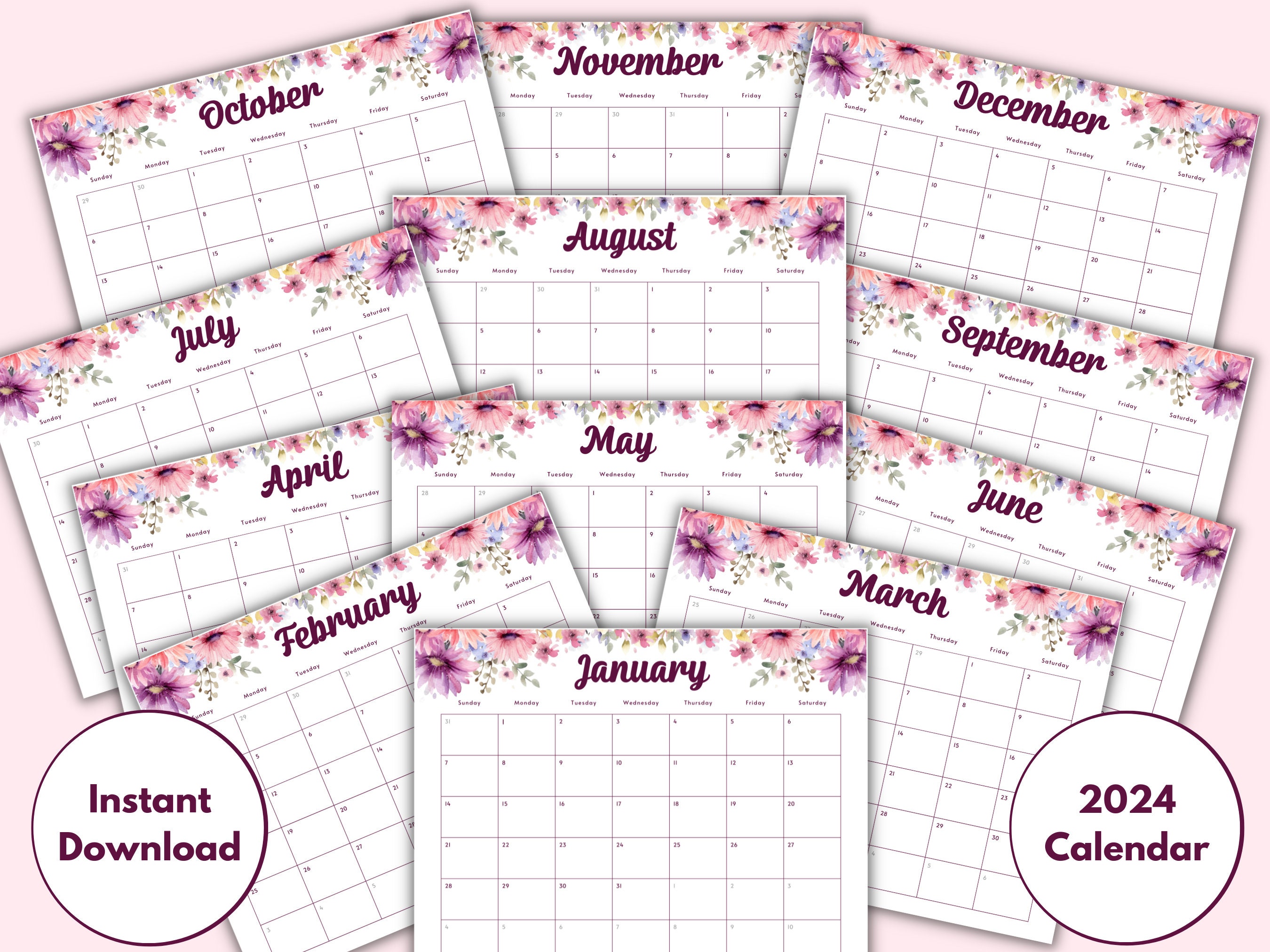 Floral Monthly Calendar 2024 Printable Flower Calendar 2024 Calendar ...