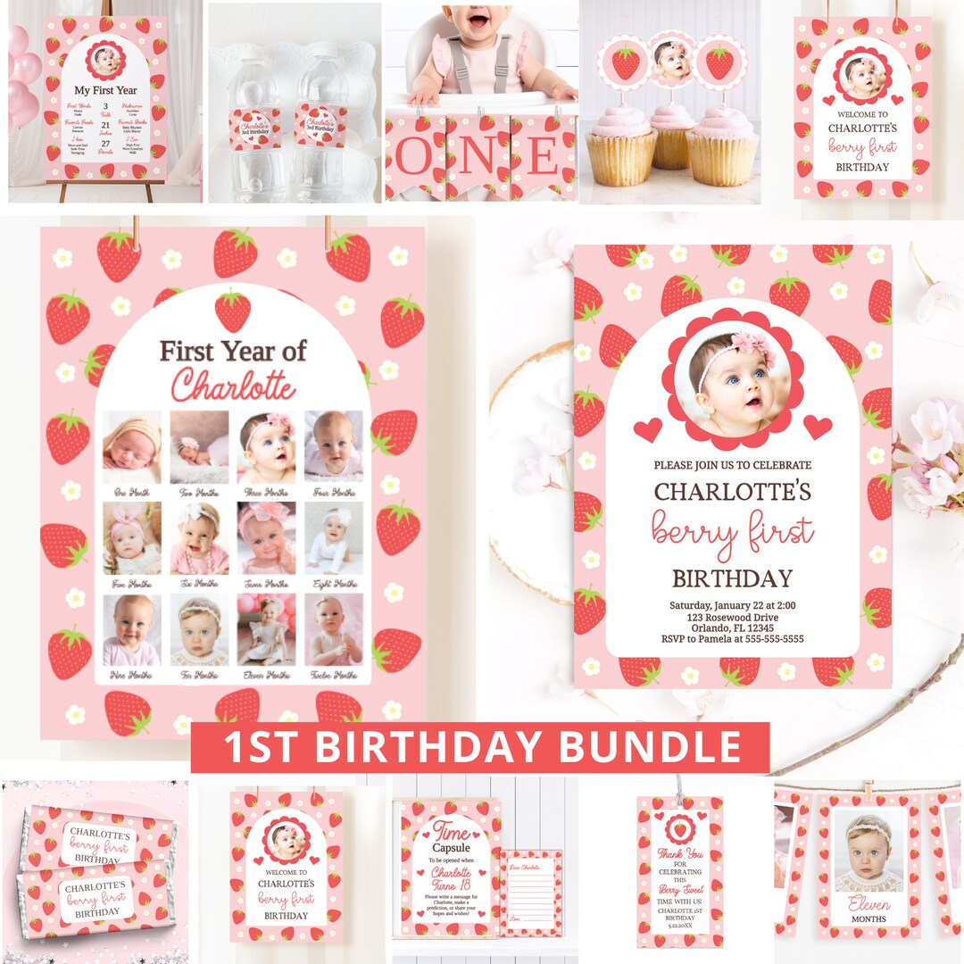 Girl First Birthday Bundle Berry First Birthday Decor Strawberry Theme ...