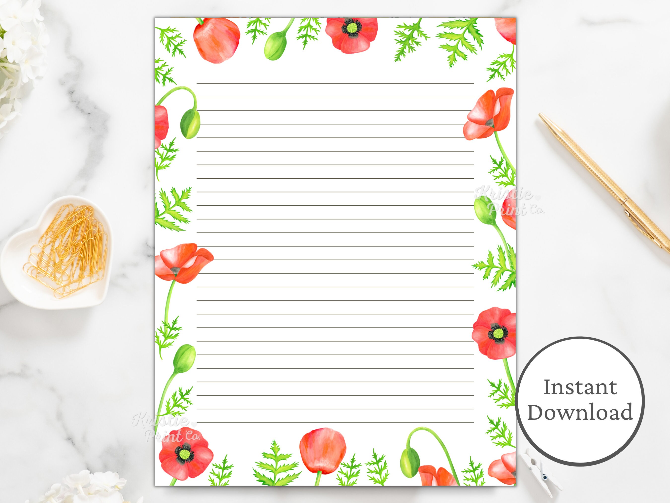 Poppy Border Writing Paper, Floral Lined Paper, Printable Stationery ...