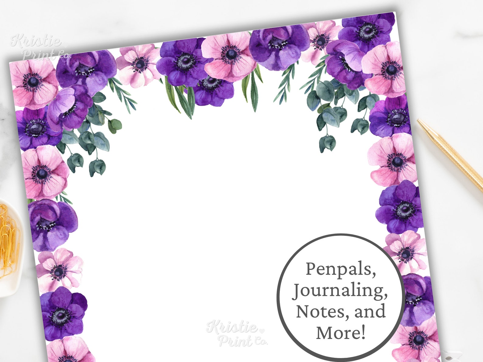 Purple Floral Stationary, Cute Letter Writing Paper, Border Stationery ...