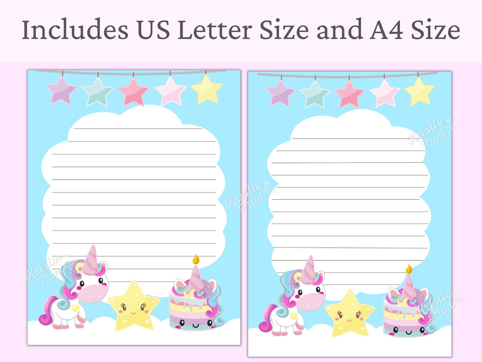 Printable Unicorn Stationery, Little Girl Stationery, Printable Kawaii ...