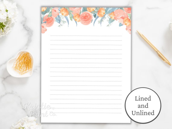 Floral Stationery Printable Unlined Lined Paper Download A4 - Etsy