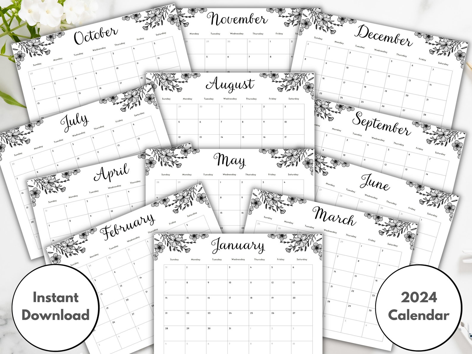 Boho Calendar 2024 Printable Black and White Calendar 2024 Calendar ...