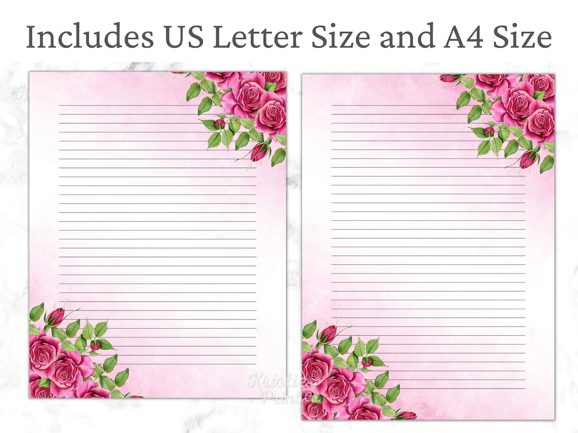 Rose Stationary Printable, Floral Lined Paper, Printable Stationery ...