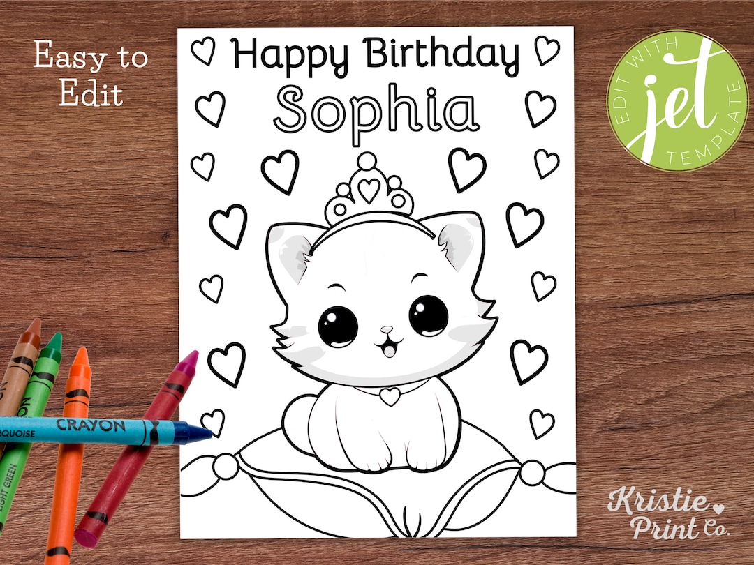 Editable Cat Birthday Coloring Page Printable Birthday Activity Custom ...