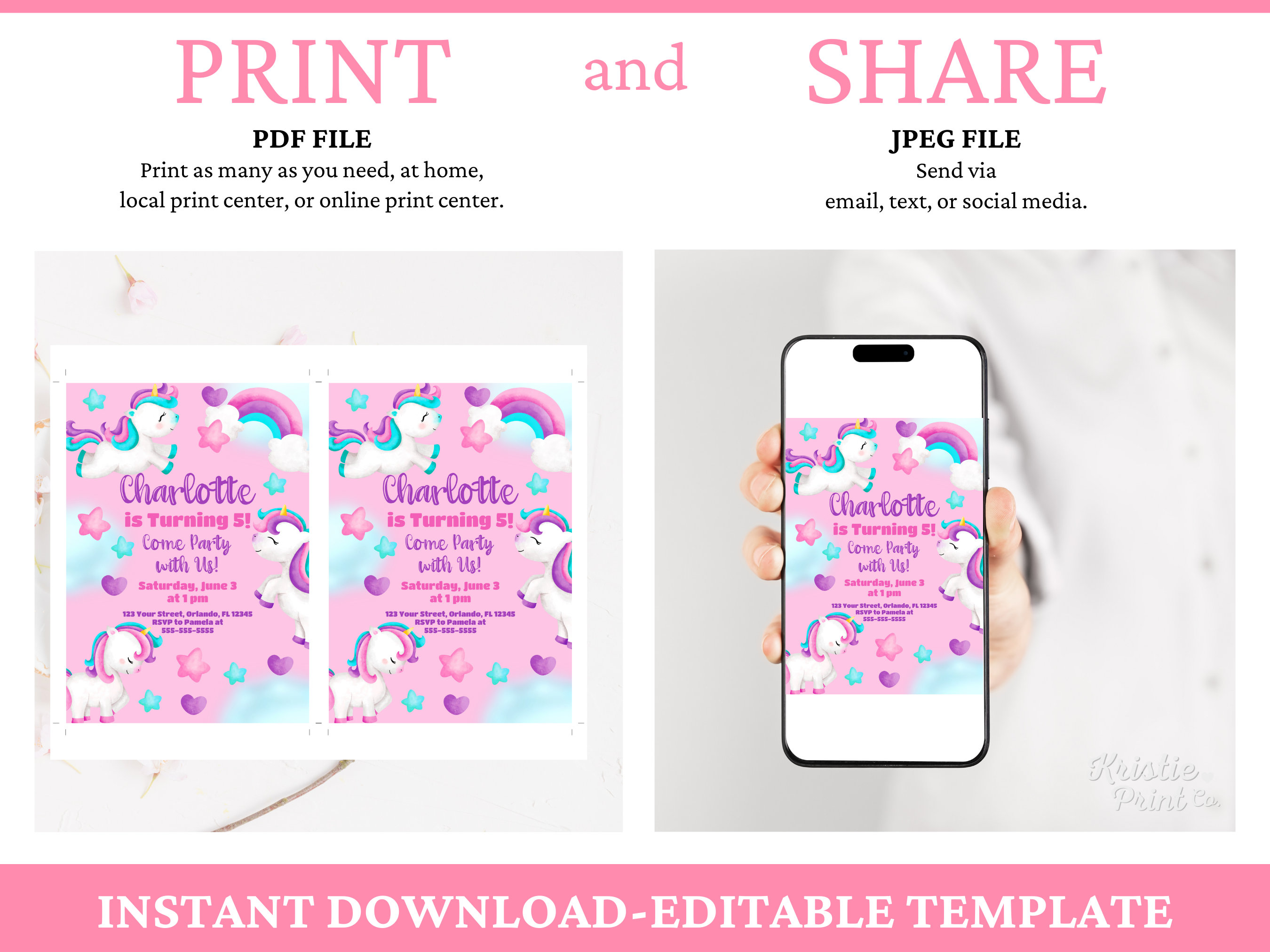 Cute Unicorn Invitation Pink Girls Birthday Unicorn Party Invite Pink ...