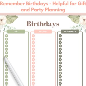 Birthday Tracker Printable, Birthday List, Birthday Planner Printable ...