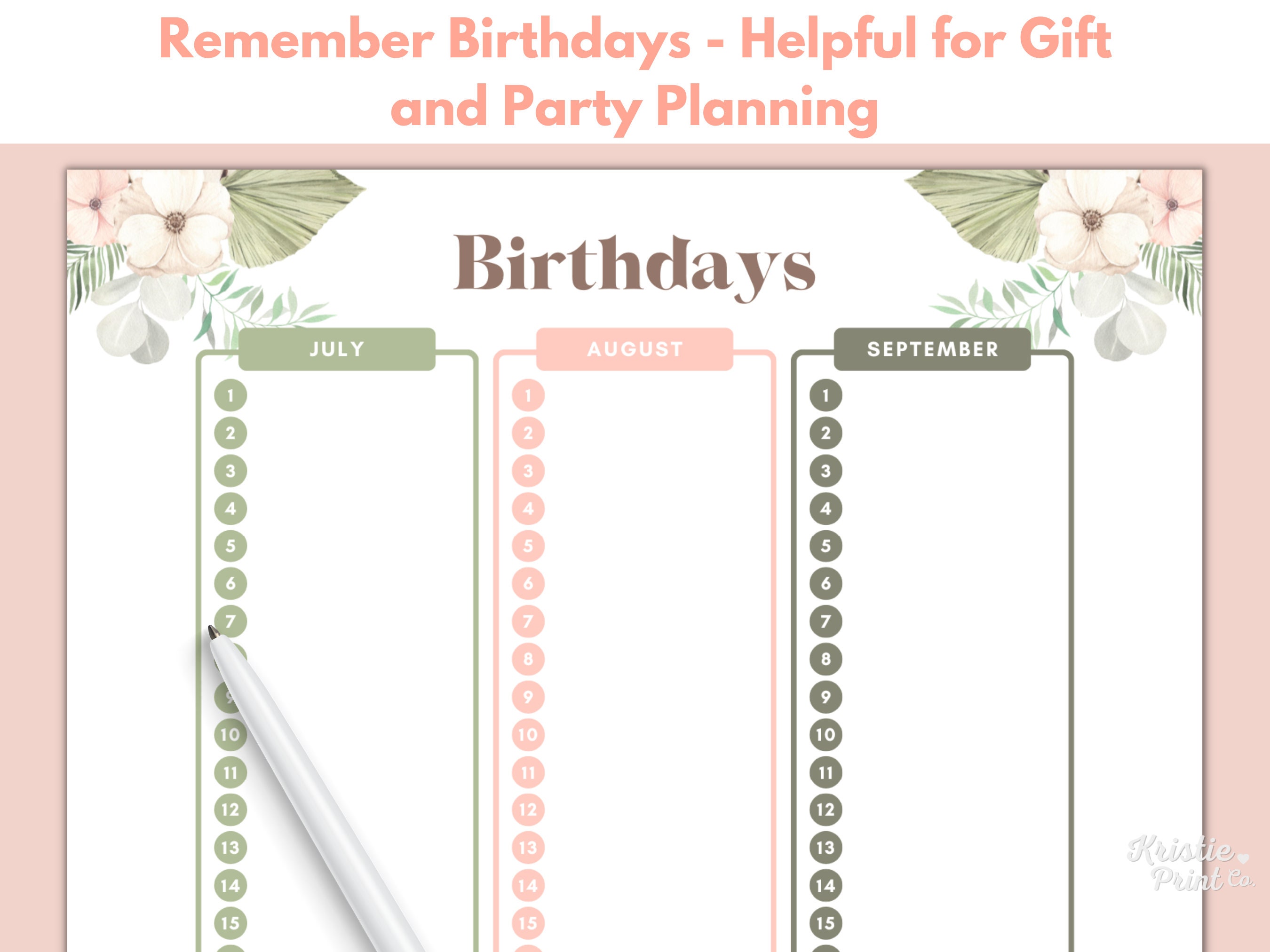 Birthday Tracker Printable, Birthday List, Birthday Planner Printable ...