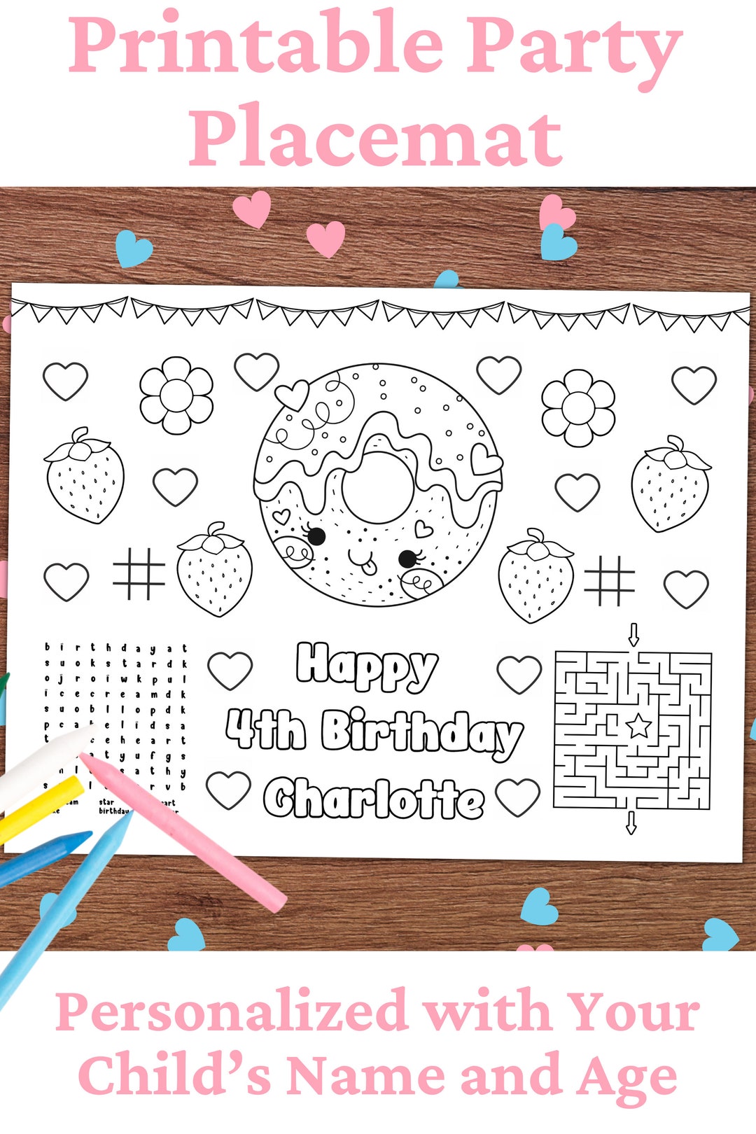 Doughnut Birthday Party Coloring Placemat, Happy Birthday Coloring Page ...