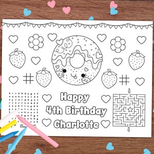 Doughnut Birthday Party Coloring Placemat, Happy Birthday Coloring Page ...