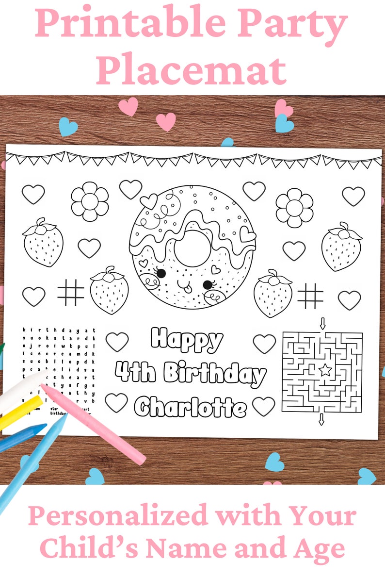 Doughnut Birthday Party Coloring Placemat, Happy Birthday Coloring Page ...