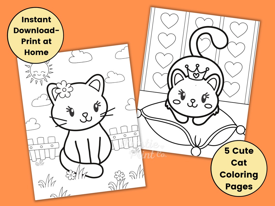 Cat Coloring Pages for Kids, Kitten Coloring Pages, Cat Birthday Favor ...