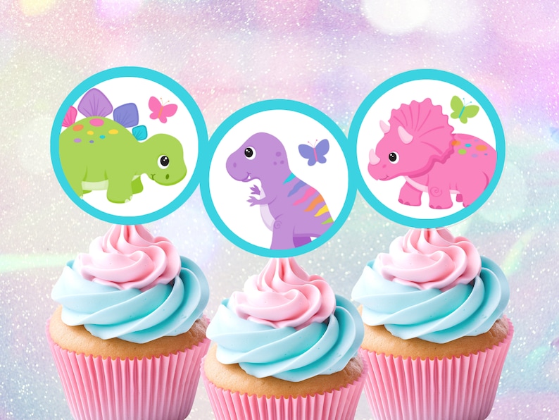Girl Dinosaur Cupcake Toppers Printable Three Rex Party Decorations ...