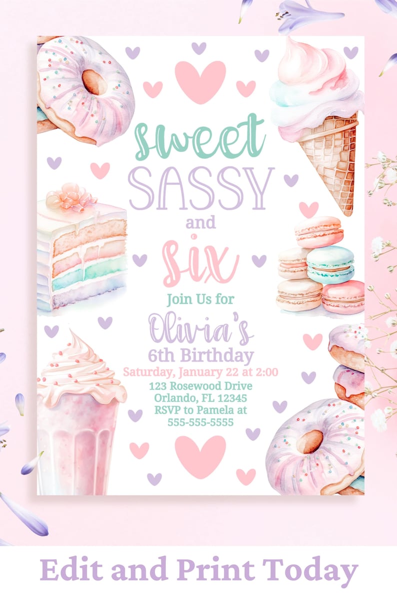 Sweet Sassy and Six Invitation Sweet 6th Birthday Invite Girl 6th ...