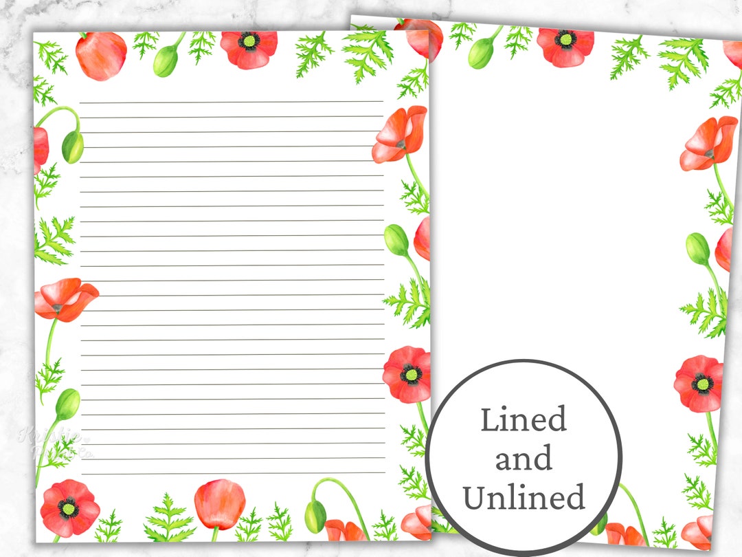 Poppy Border Writing Paper, Floral Lined Paper, Printable Stationery ...