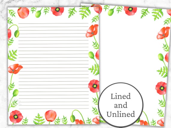 Poppy Border Writing Paper Floral Lined Paper Printable - Etsy