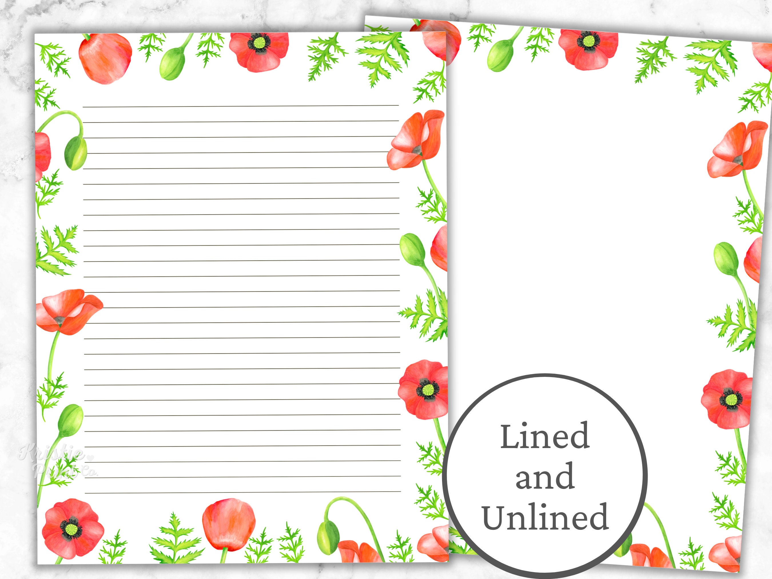Poppy Border Writing Paper, Floral Lined Paper, Printable Stationery ...