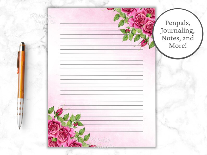 Rose Stationary Printable, Floral Lined Paper, Printable Stationery ...