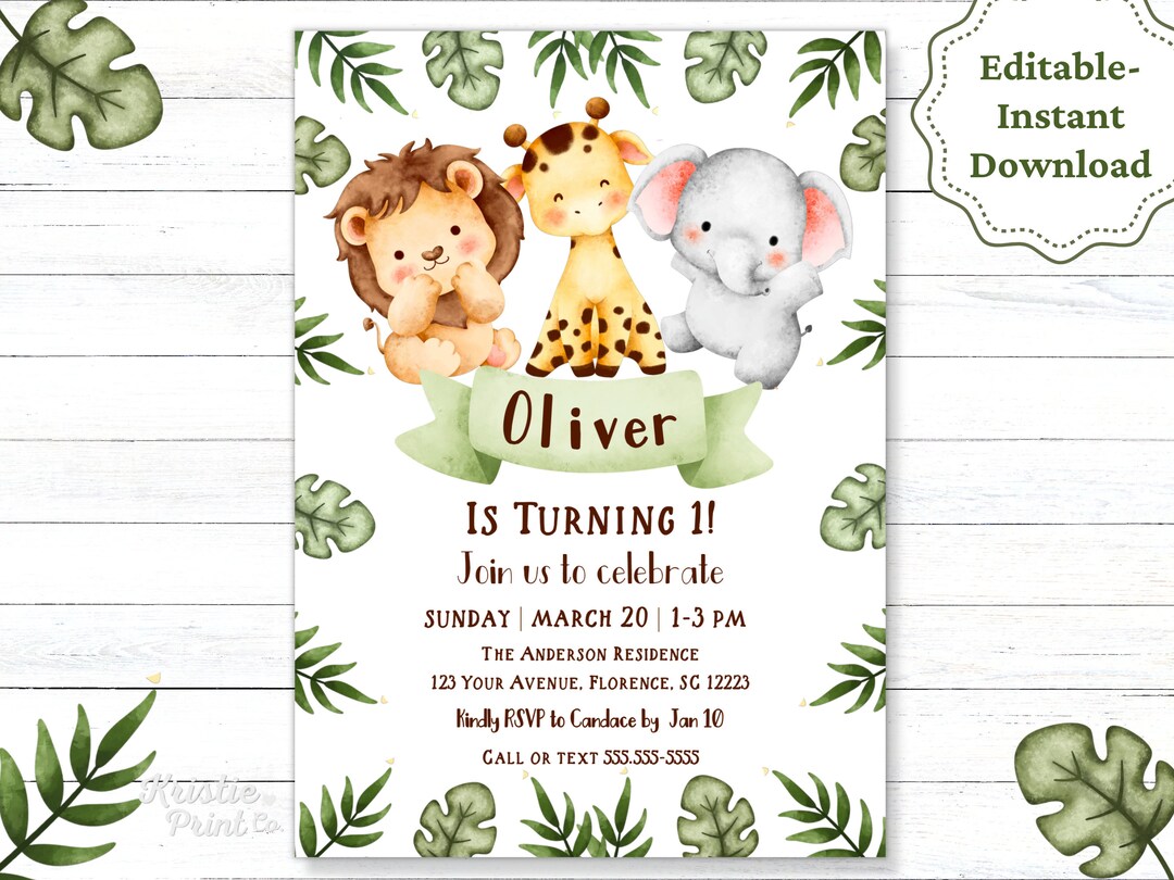Editable Safari Birthday Invite, Safari Invitation Birthday Jungle ...