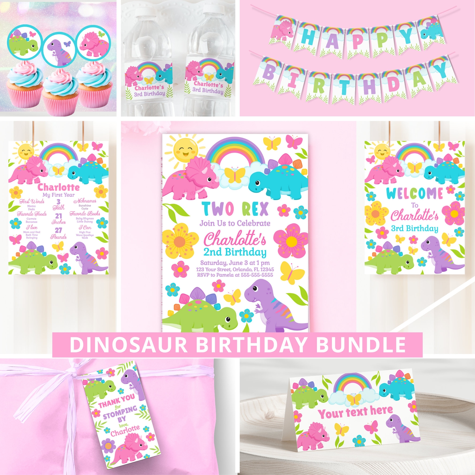 Two Rex Party Bundle Dinosaur Birthday Invitation Girl Dino Birthday ...