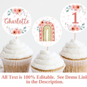 Boho Rainbow Cupcake Toppers, Editable Cupcake Toppers, Boho Rainbow ...