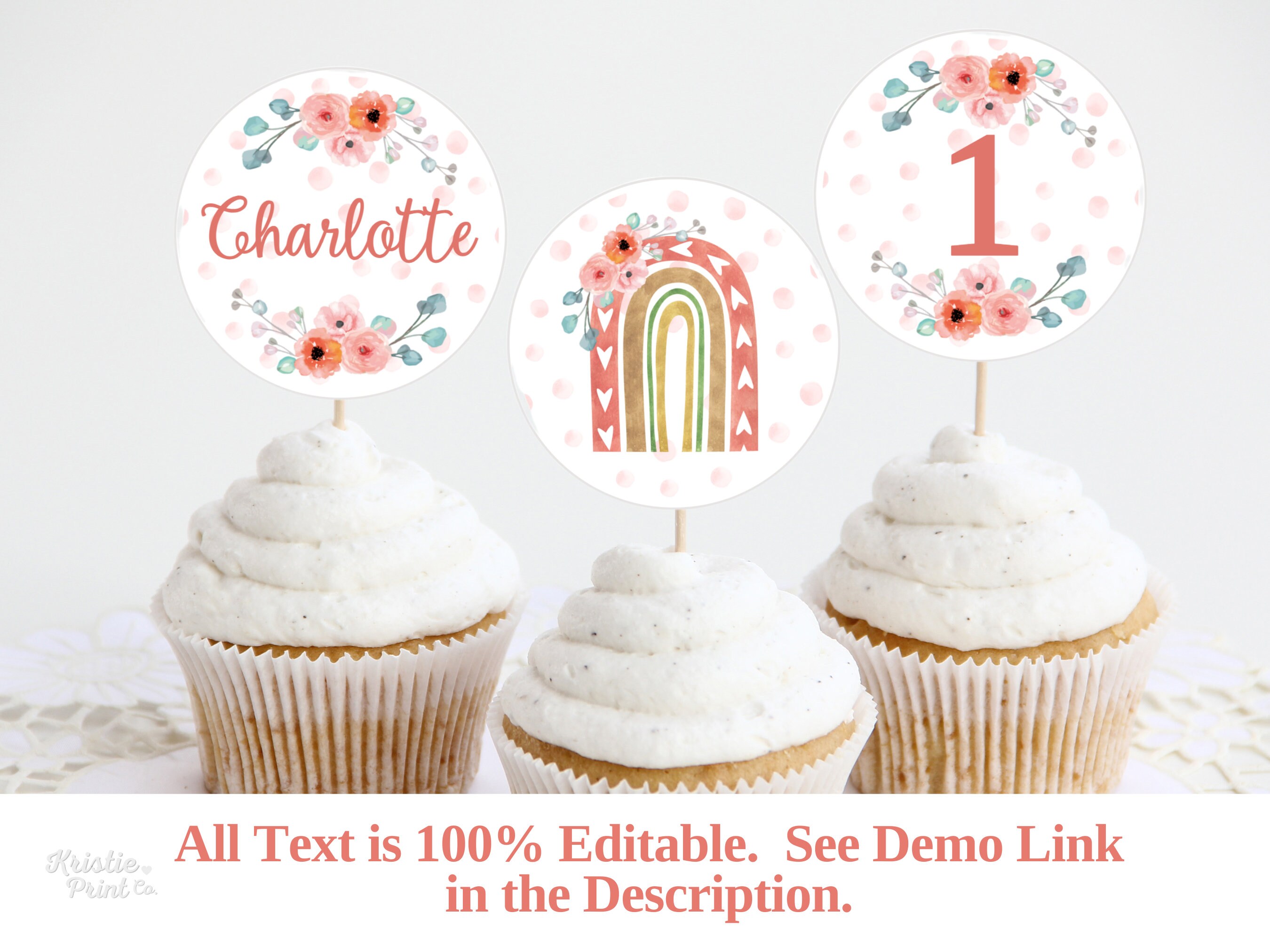 Boho Rainbow Cupcake Toppers, Editable Cupcake Toppers, Boho Rainbow ...