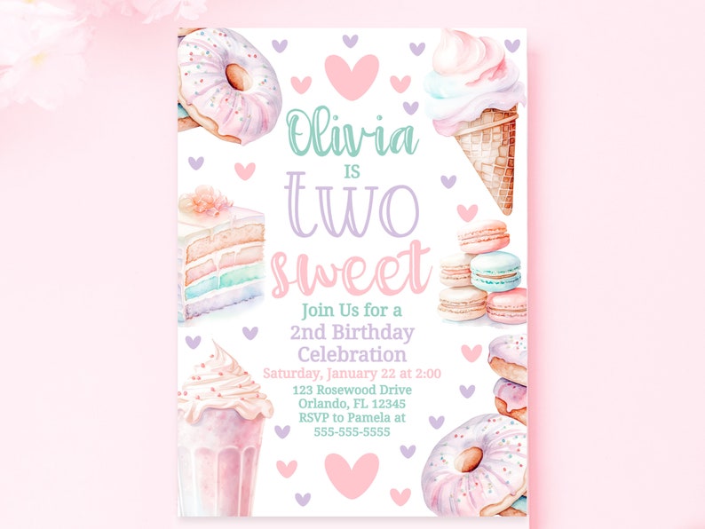 Two Sweet Second Birthday Invite Two Sweet Birthday Party Girls 2nd ...