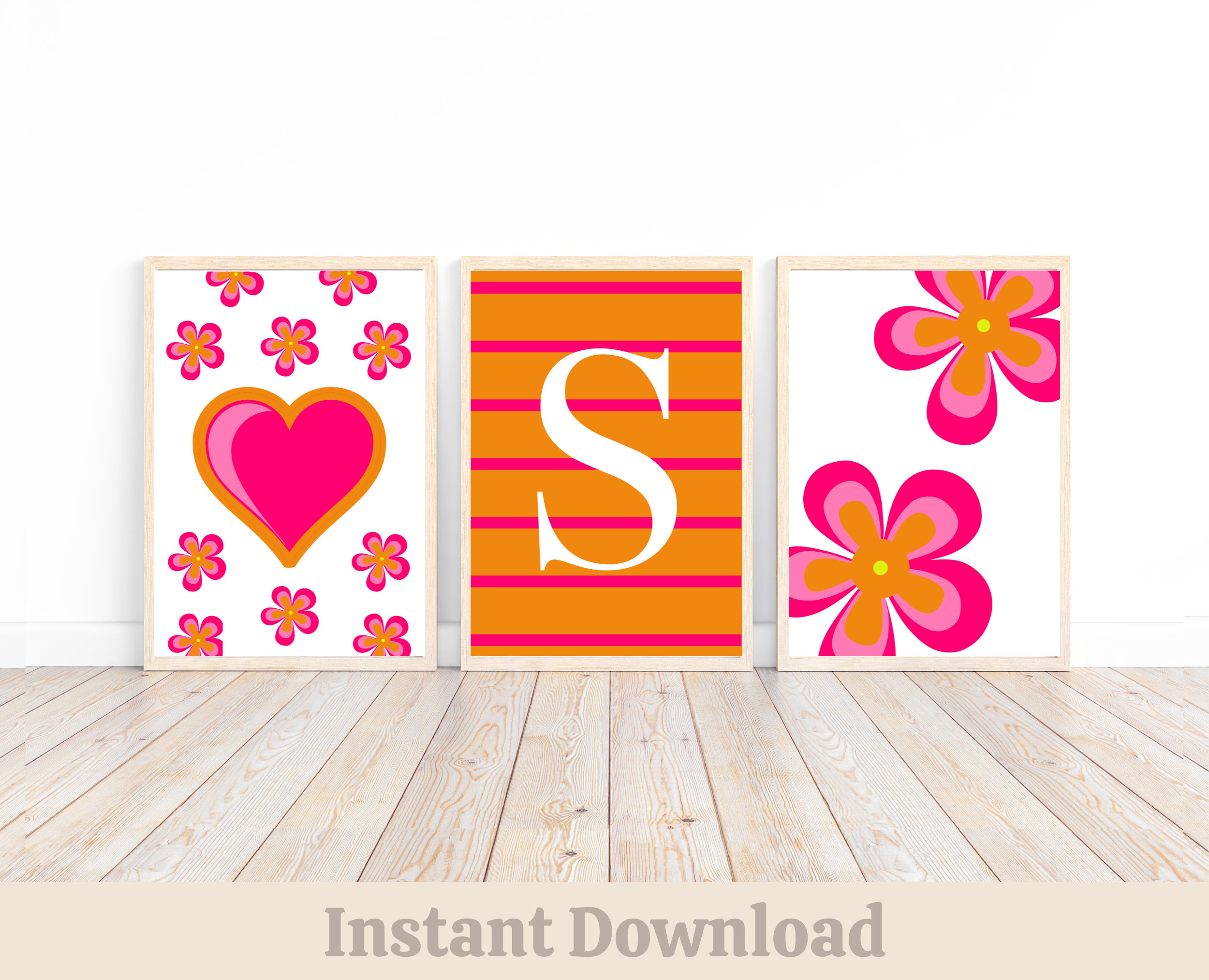 Preppy Heart Wall Art Trendy Poster Prints Pink and Orange - Etsy