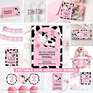 Editable Birthday Bundle Party Supplies Pink Cow Birthday Decorations ...