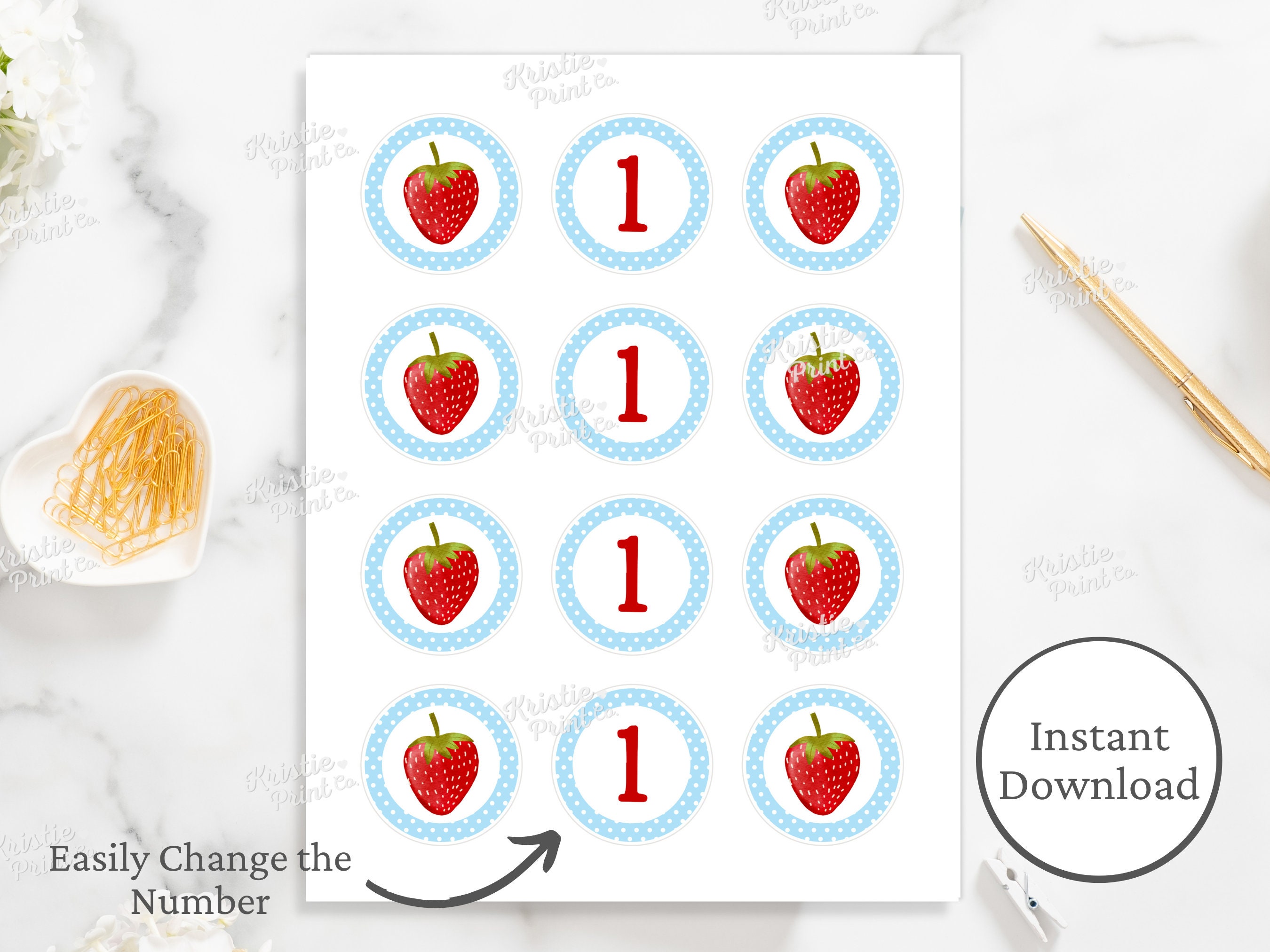 Strawberry Cupcake Toppers Table Centerpiece Birthday Party Decoration ...