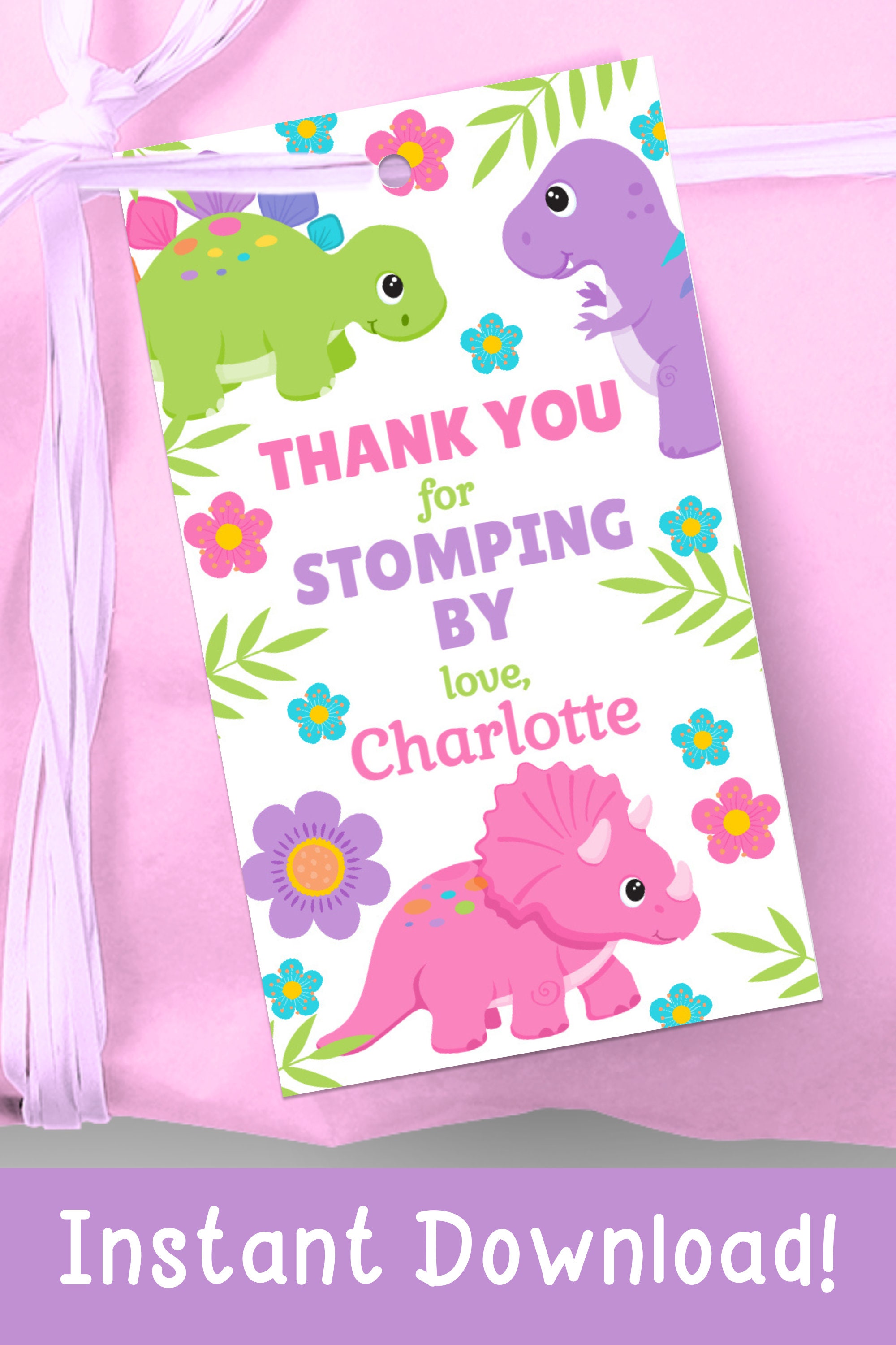 Girl Dinosaur Favor Tags Dinosaur Birthday Thank You Tag Girl Dinosaur ...