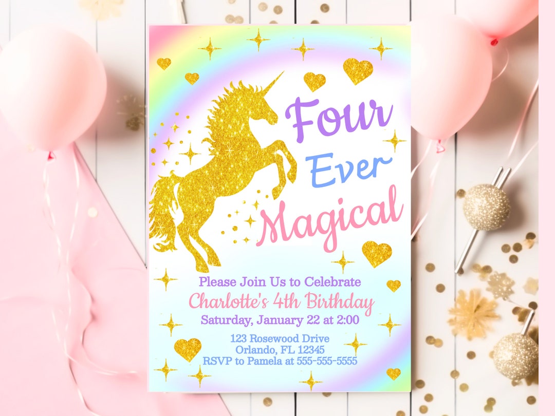 Four Ever Magical Invitation Unicorn Rainbow Unicorn 4th Birthday ...