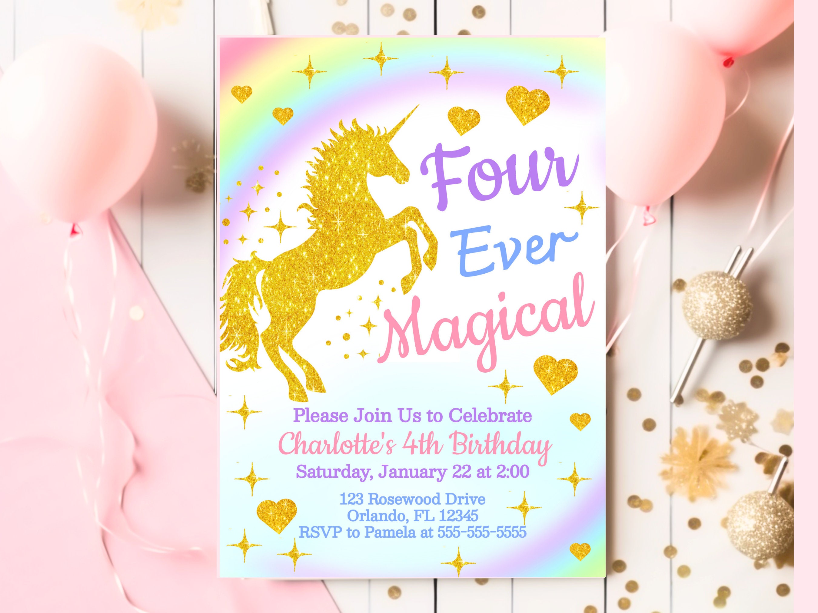 Four Ever Magical Invitation Unicorn Rainbow Unicorn 4th Birthday ...