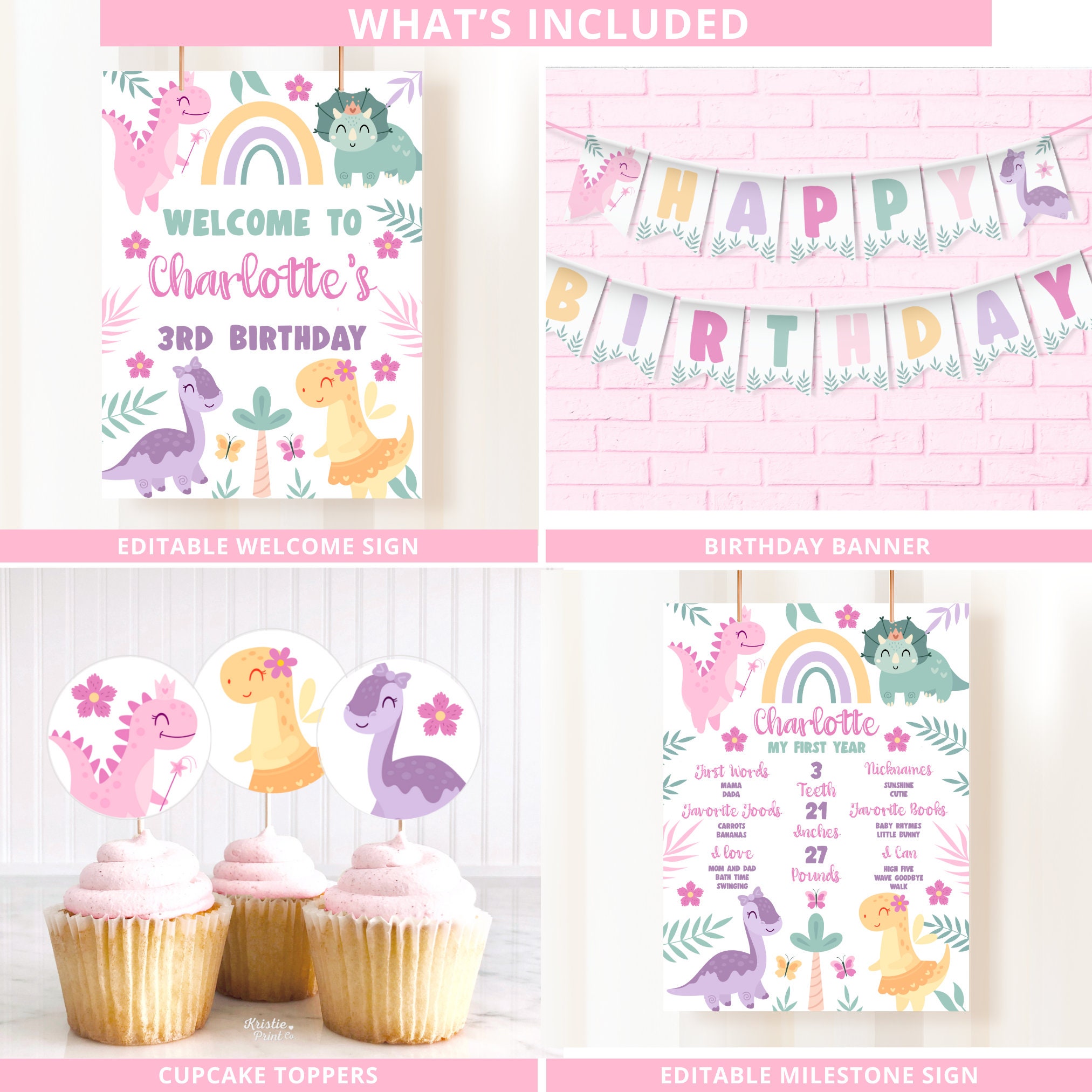 Girl Dinosaur Birthday Bundle Girl Dinosaur Party Decorations Dinosaur ...