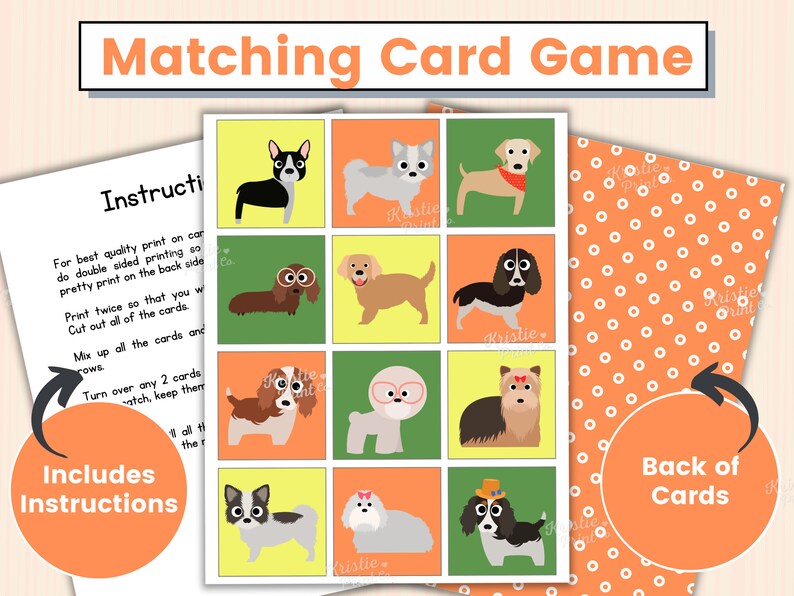 Dog Memory Game Printable, Matching Card Game, Matching Game Printable ...