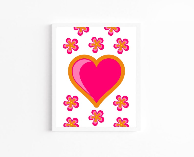 Preppy Heart Wall Art Trendy Poster Prints Pink and Orange - Etsy